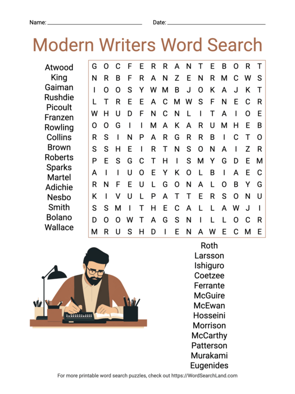 Printable Literature and Authors Word Search Puzzles (PDF & PNG) - Word ...