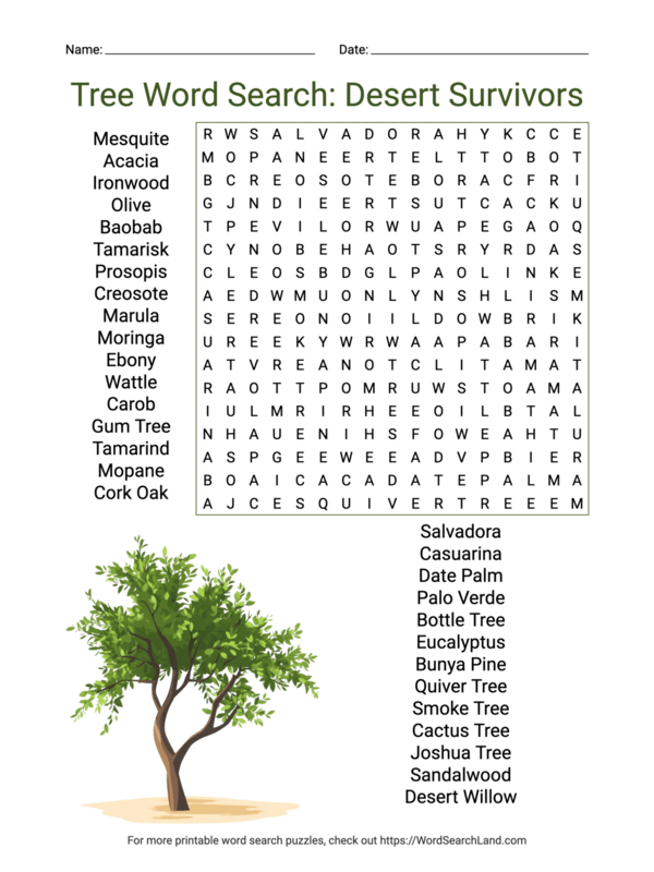 Printable Tree Word Search Puzzles (PDF & PNG) - Word Search Land