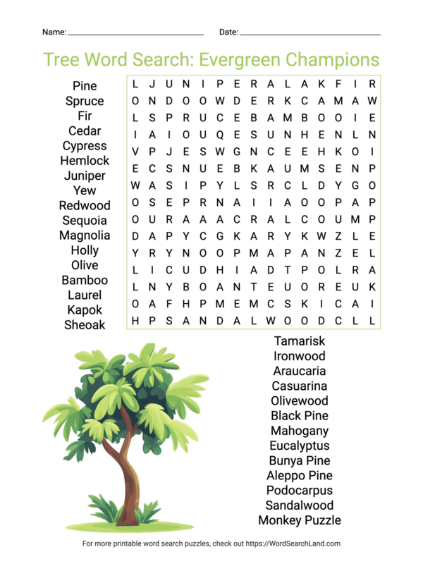 Printable Tree Word Search Puzzles (PDF & PNG) - Word Search Land