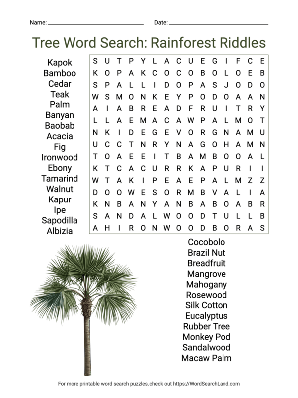 Printable Tree Word Search Puzzles (PDF & PNG) - Word Search Land