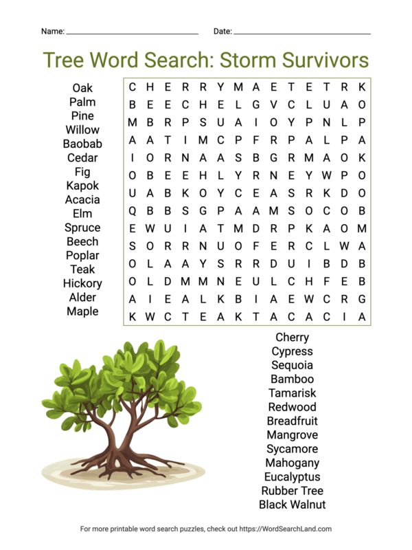 Printable Tree Word Search Puzzles (PDF & PNG) - Word Search Land