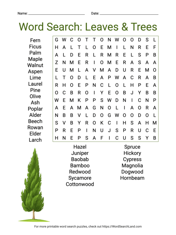 Printable Tree Word Search Puzzles (PDF & PNG) - Word Search Land