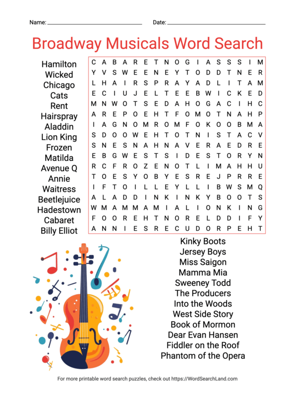 Printable Music and Instruments Puzzles (PDF & PNG) - Word Search Land