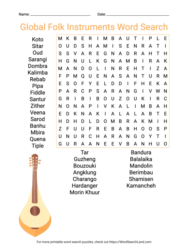 Printable Music and Instruments Puzzles (PDF & PNG) - Word Search Land
