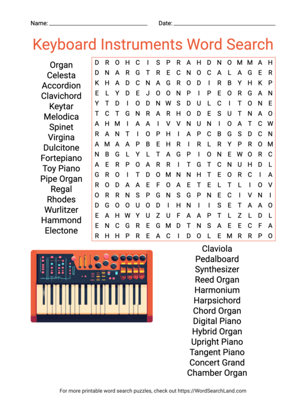 Printable Music and Instruments Puzzles (PDF & PNG) - Word Search Land
