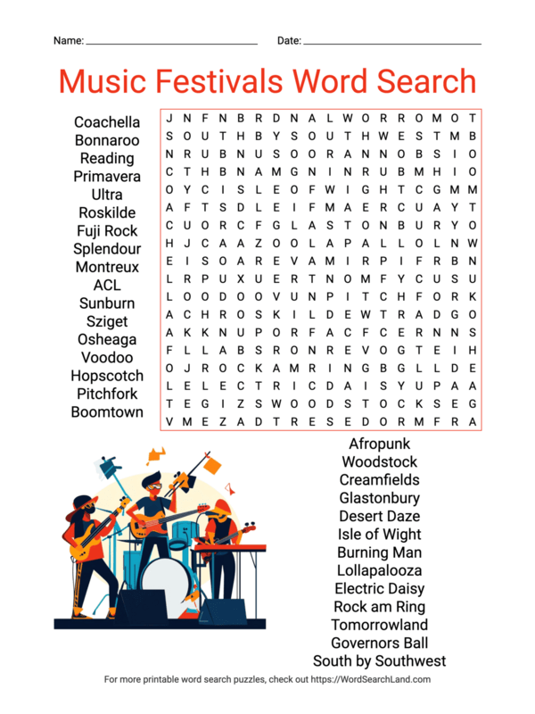 Printable Music and Instruments Puzzles (PDF & PNG) - Word Search Land