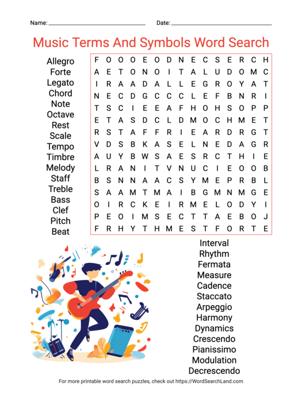 Printable Music and Instruments Puzzles (PDF & PNG) - Word Search Land