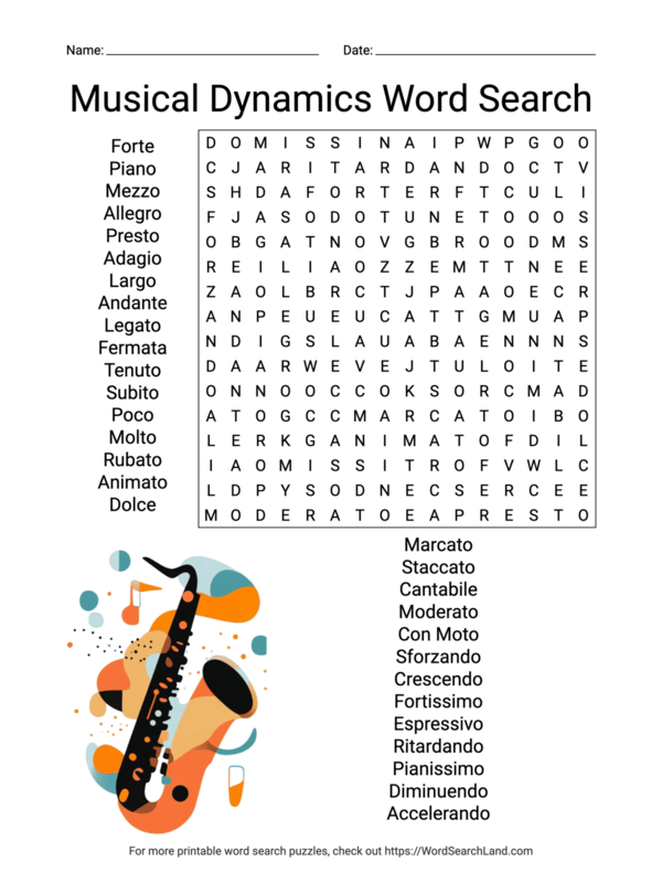 Printable Music and Instruments Puzzles (PDF & PNG) - Word Search Land