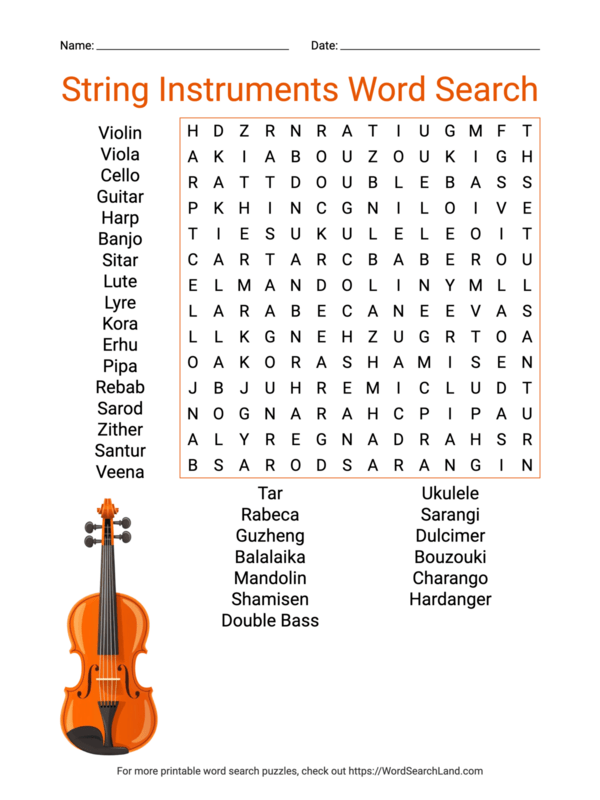 Printable Music and Instruments Puzzles (PDF & PNG) - Word Search Land