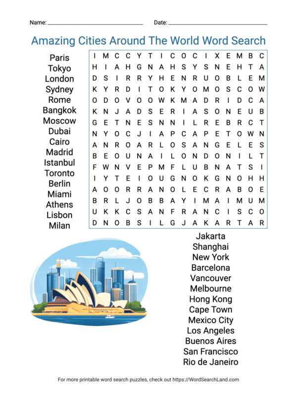 Printable Travel Destinations Word Search Puzzles (PDF & PNG) - Word ...