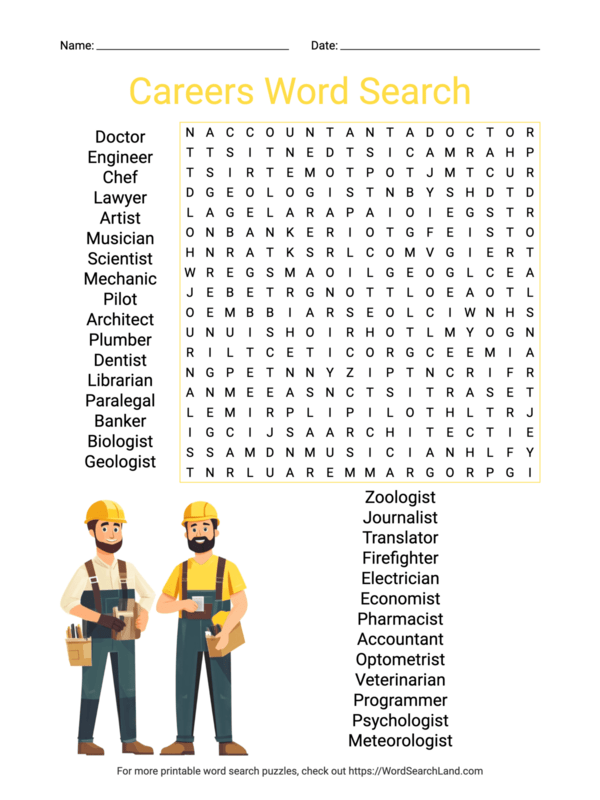 Printable Careers and Professions(Jobs) Word Search Puzzles (PDF & PNG ...