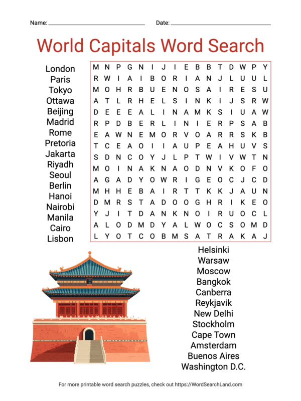 Printable Travel Destinations Word Search Puzzles (PDF & PNG) - Word ...